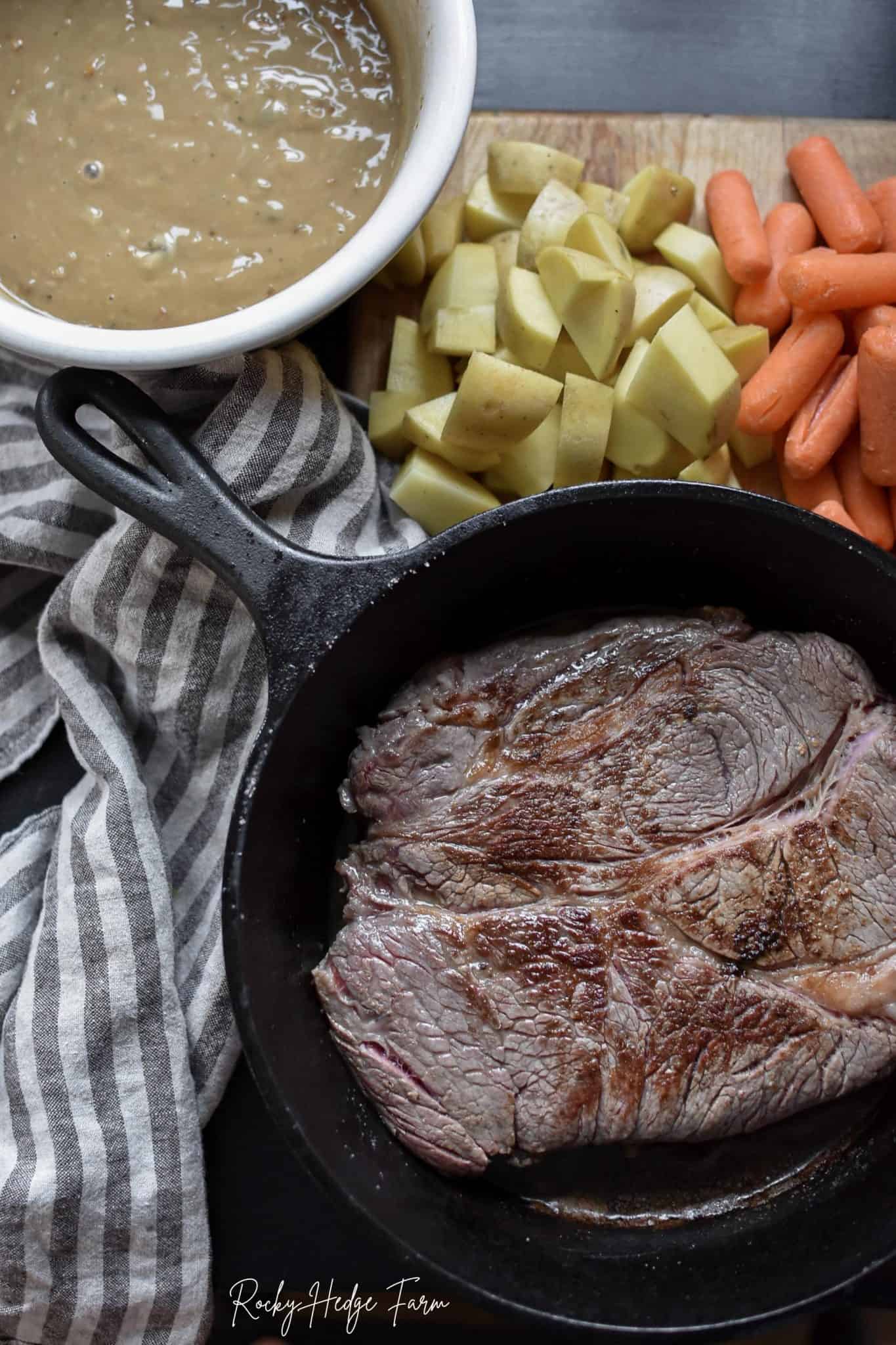 Dutch Oven Chuck Roast with Carrots and Potatoes - Rocky Hedge Farm